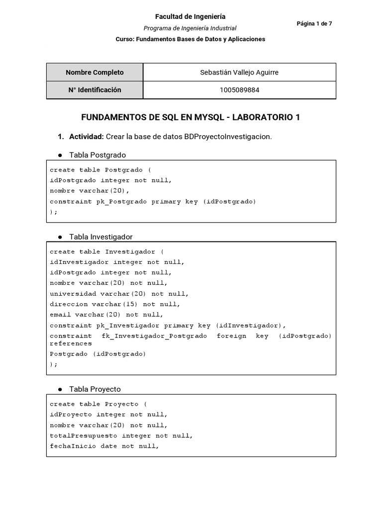 Laboratorio 1 MySQL | PDF | SQL | Programación de computadoras