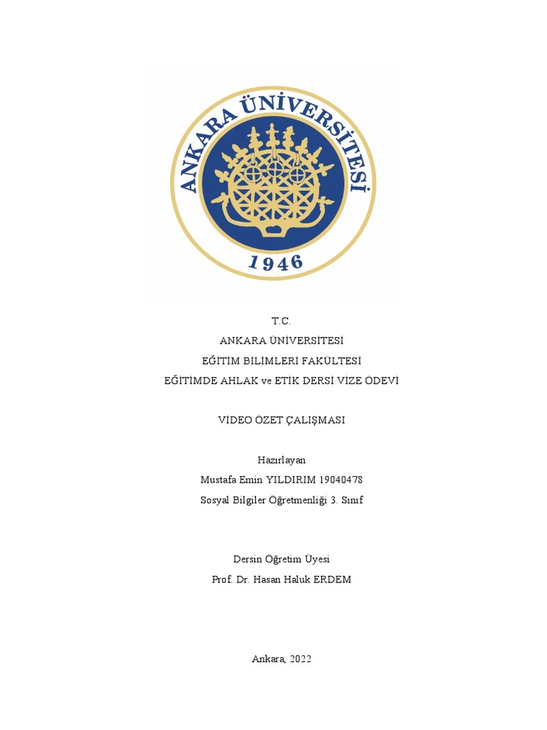 Mustafa Emin Yıldırım Eğitimde Ahlak Ve Etik Dersi Vize Ödevi 19040478 | PDF