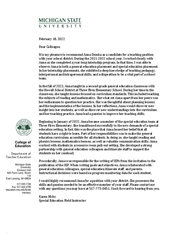 Letter of Recommendation - Anna Domka | PDF | Special Education | Teachers