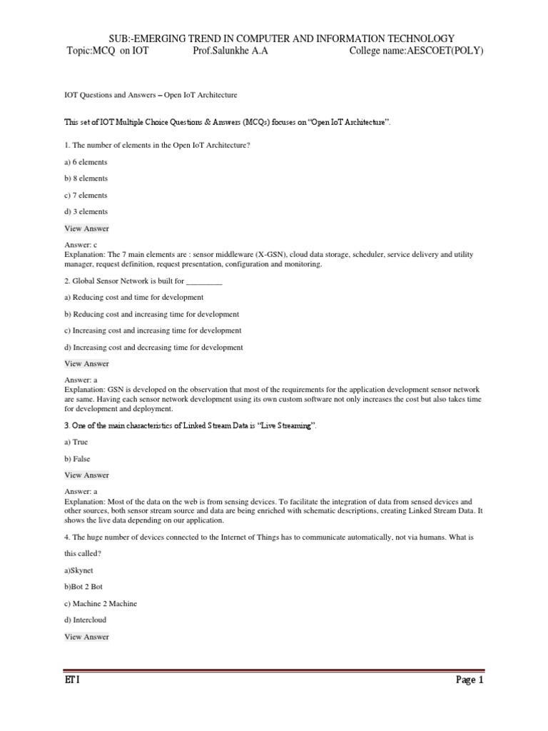 Iot MCQ | Download Free PDF | Internet Of Things | Service Oriented Architecture