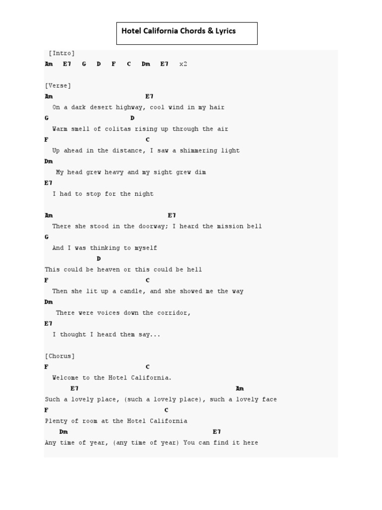 Hotel California Chords & Lyrics | PDF | Song Structure | Songs