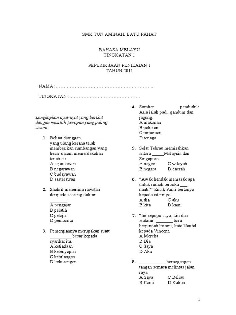 Soal Latihan Bahasa Melayu Tingkatan 1 Pdf