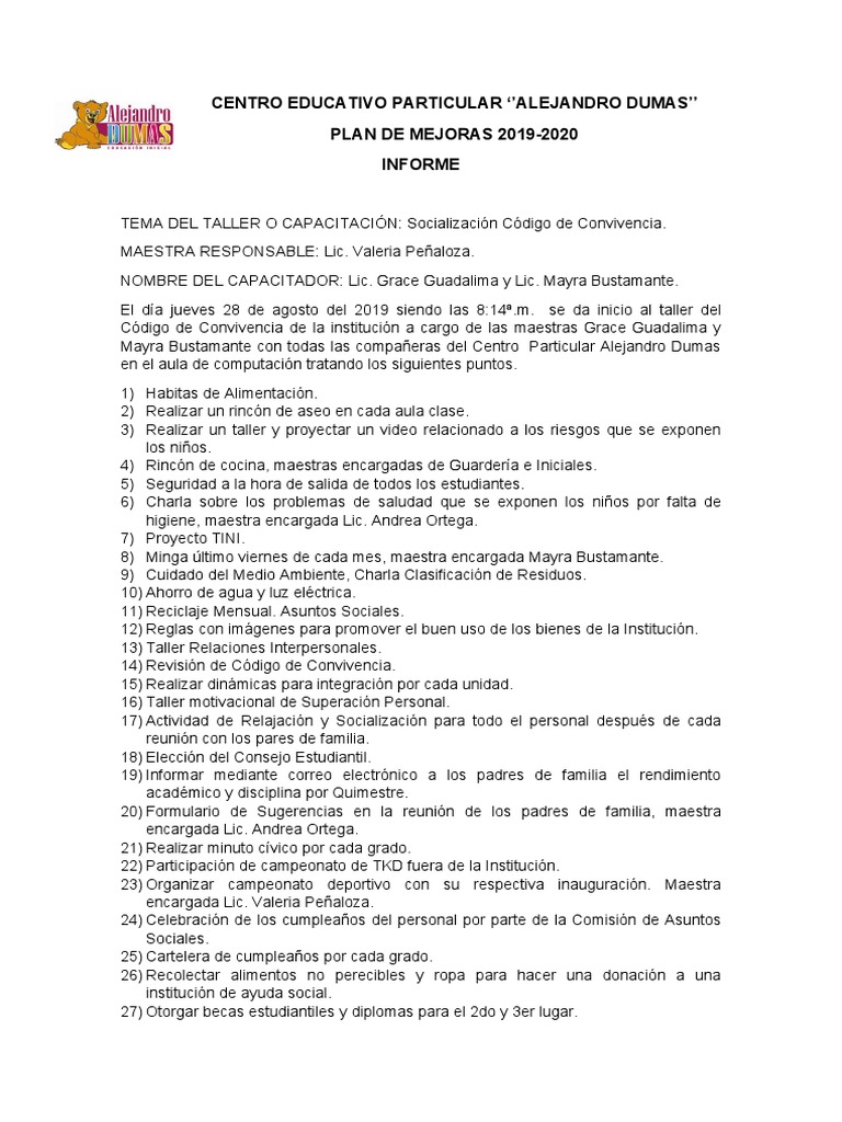 Codigo De Convivencia Informe Pdf
