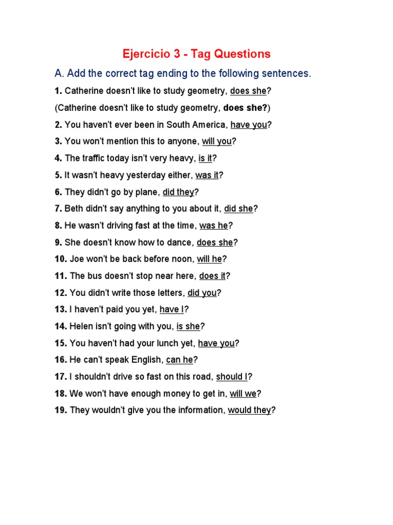 Ejercicio 3 - Tag Questions | PDF | Language Arts & Discipline