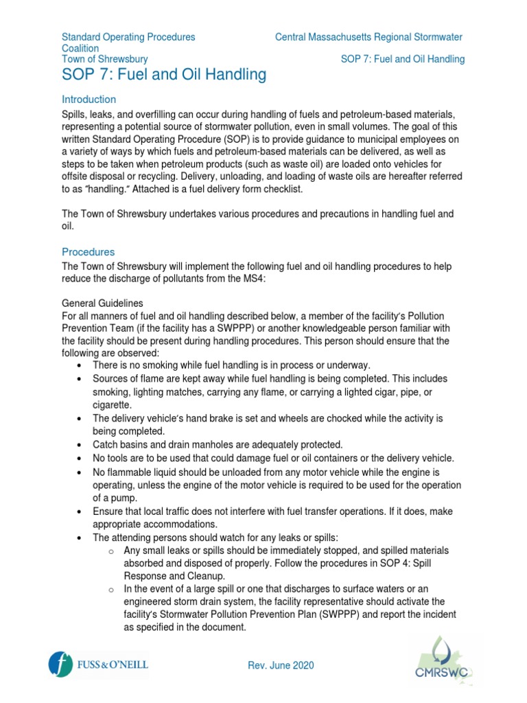Fuel and Oil Handling SOP for Stormwater | PDF | Oil Spill | Storm Drain