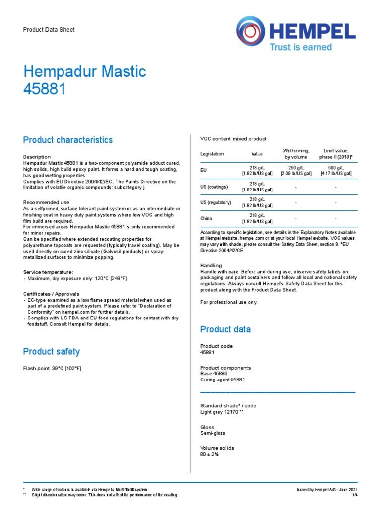 Hempadur Mastic 45881: Product Characteristics | Download Free PDF | Paint | Humidity