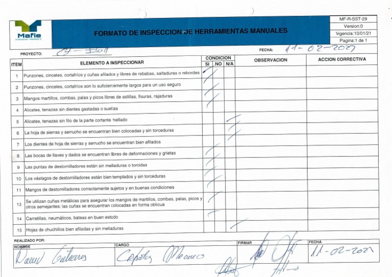 Registros Check List de Herramientas Manuales 11-02-2022 | PDF