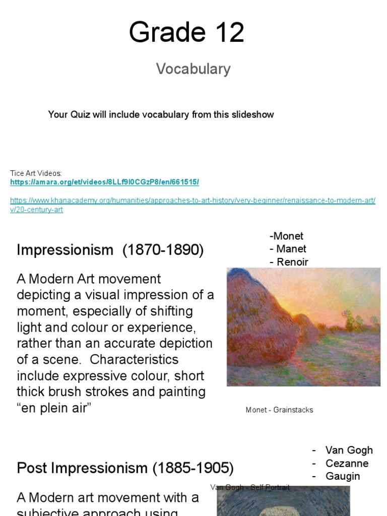 Grade 12 Vocabulary | PDF | Impressionism | The Arts