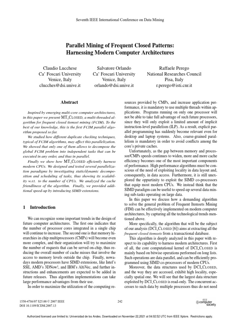 Parallel Mining of Frequent Closed Patterns: Harnessing Modern Computer Architectures | PDF ...