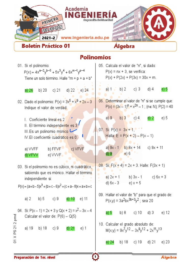 Álgebra Práctica 1°selección Semana-01 | PDF | Matemáticas | Análisis ...