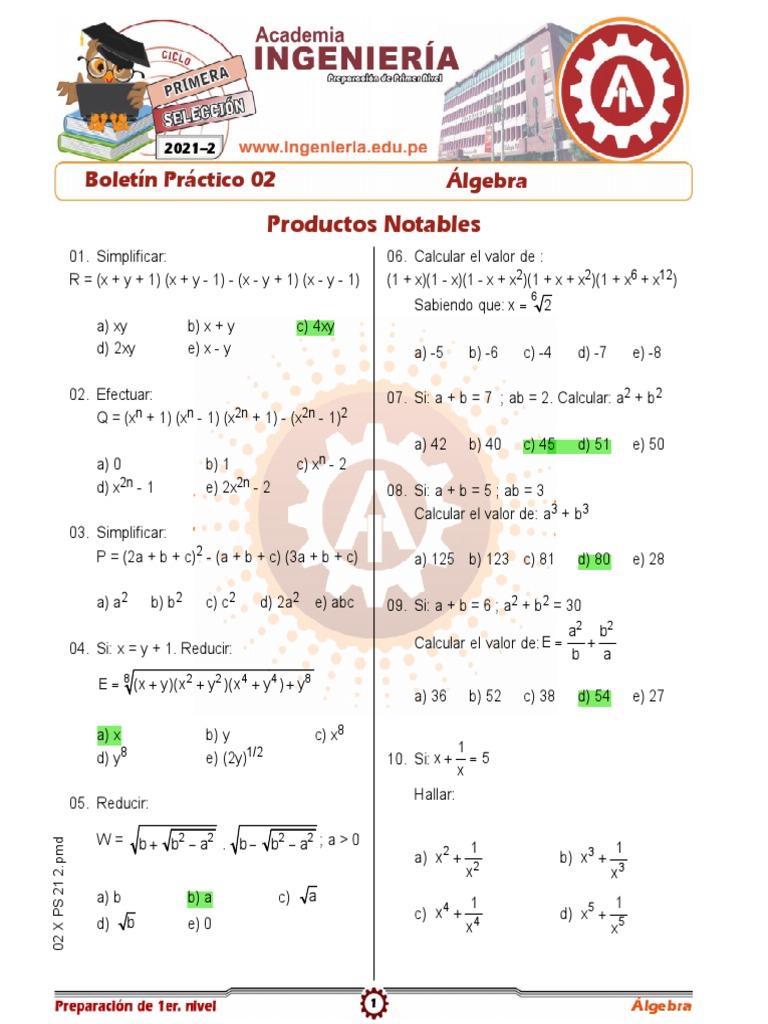 Álgebra Práctica 1°selección Semana-02 | PDF