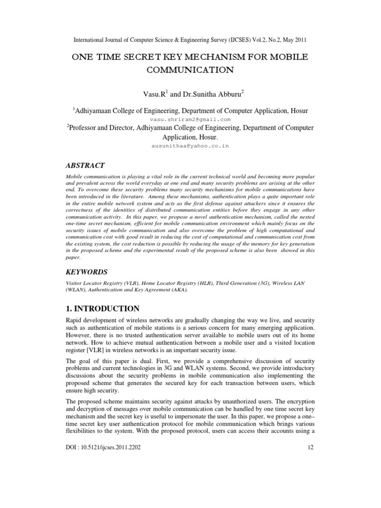 One Time Secret Key Mechanism For Mobile Communication | PDF | Key ...