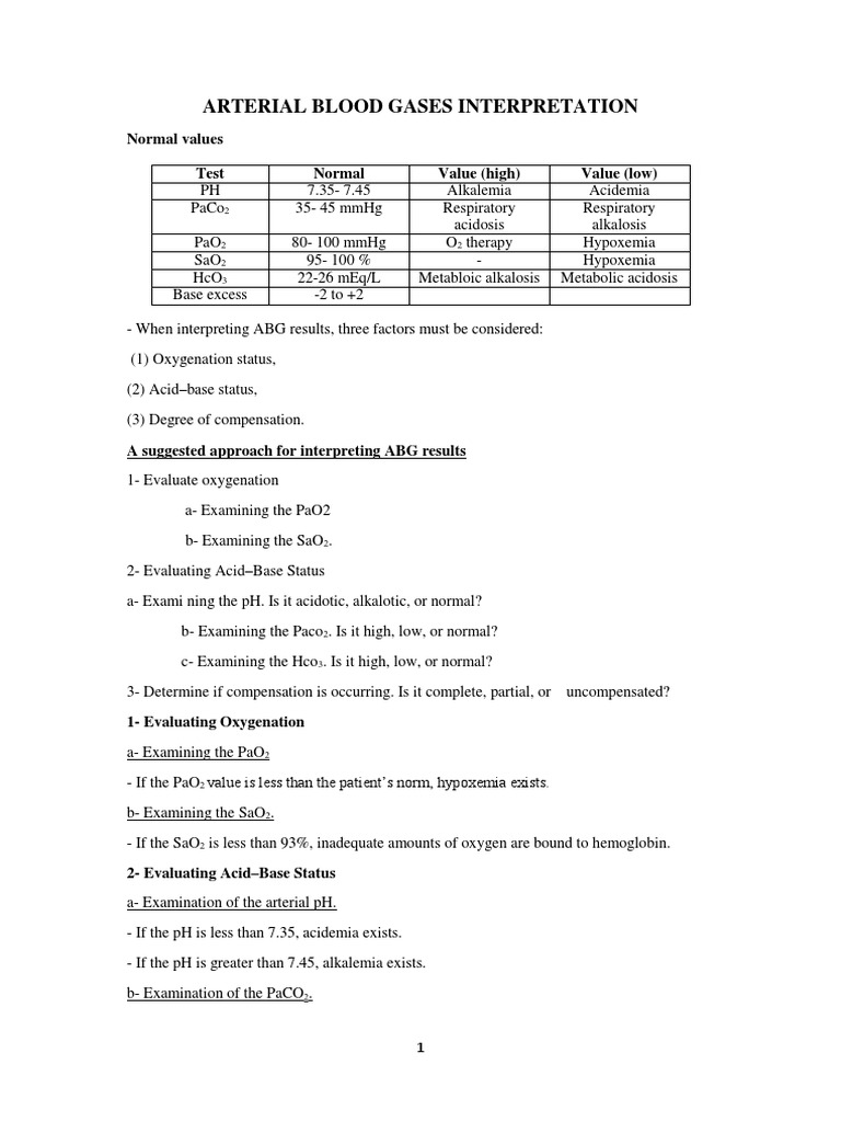 Arterial Blood Gases Interpretation: Normal Values Test Normal Value ...