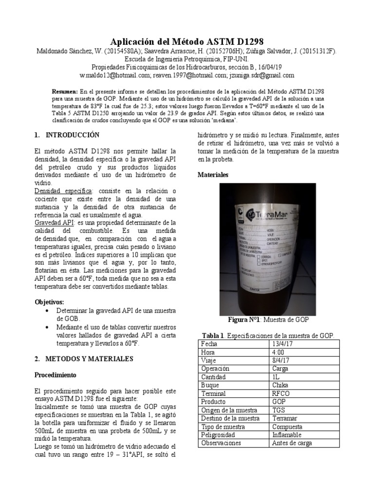 Aplicacion Del Metodo ASTM D1298 | PDF | Cantidades fisicas | Líquidos