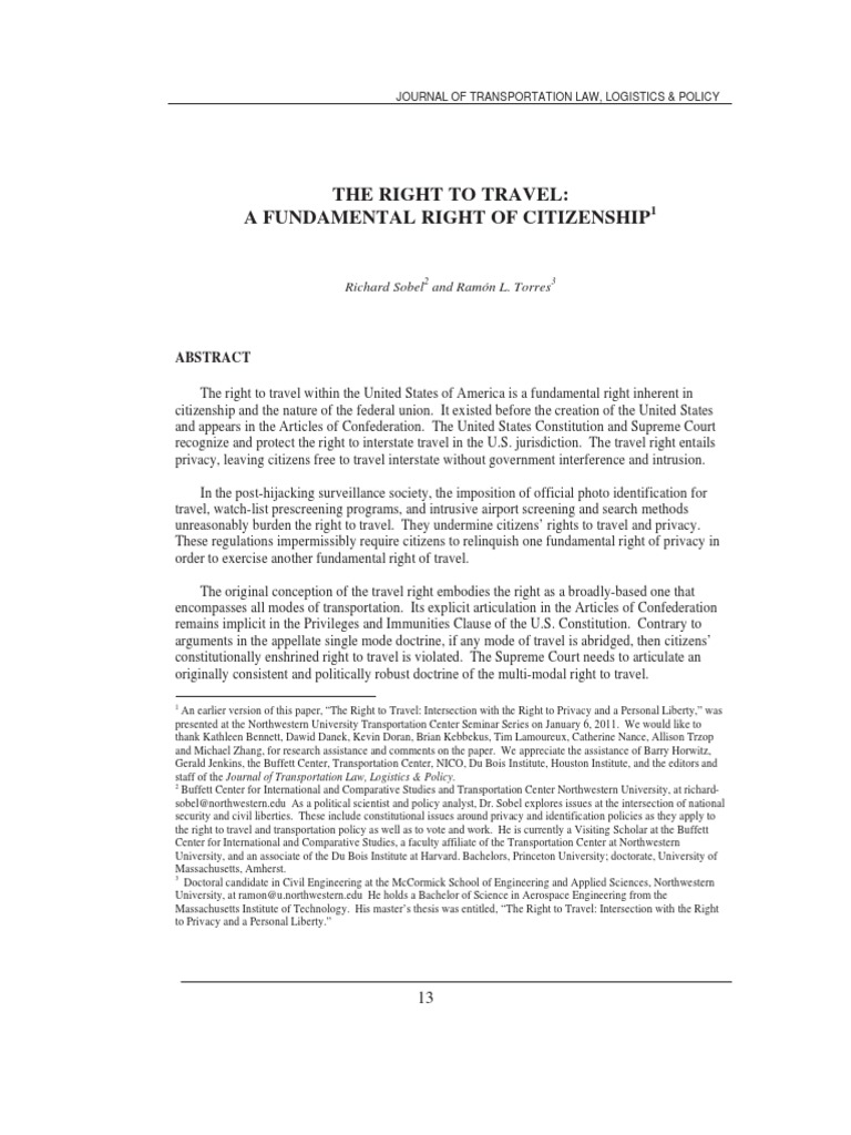 Right To Travel | PDF | Fourteenth Amendment To The United States ...