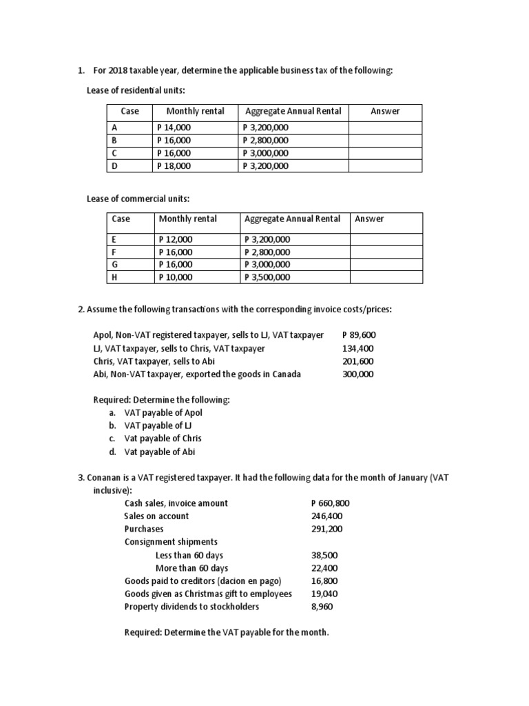 Activity 2 Problems Vat On Sale of Goods or Properties | PDF | Value ...
