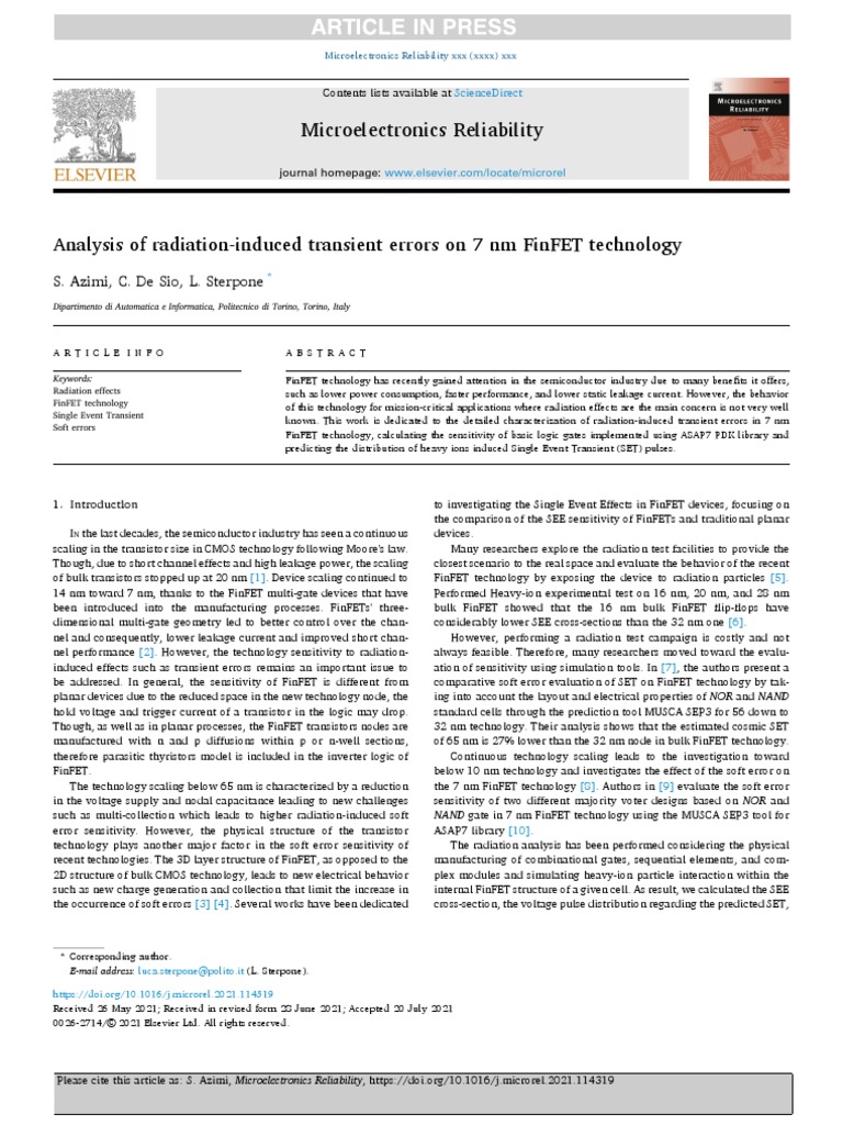 Analysis Of Radiation Induced Transient Errors On 7 Nm Finfet Technology Pdf Mosfet Field