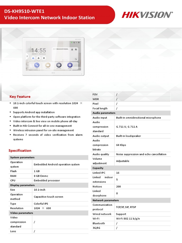 DS-KH9510-WTE1 Video Intercom Network Indoor Station: Key Feature | PDF ...