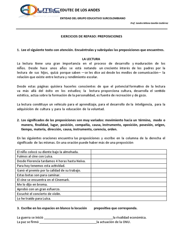 Ejercicios de Repaso de Preposiciones | PDF