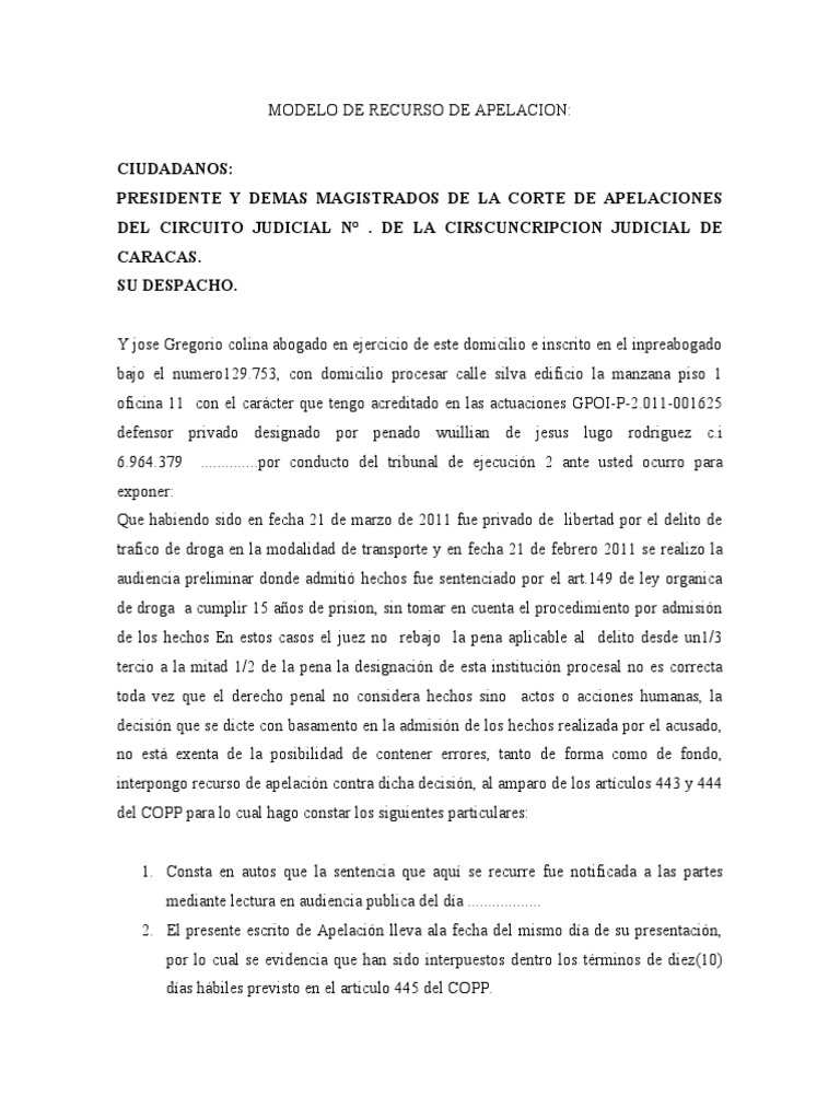 Modelo de recurso de apelación que expone infracciones procesales ...