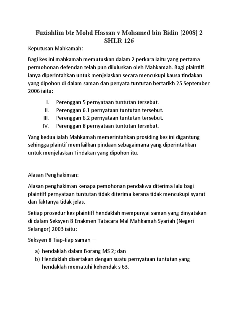 Fuziahlim Bte Mohd Hassan V Mohamed Bin Bidin | PDF