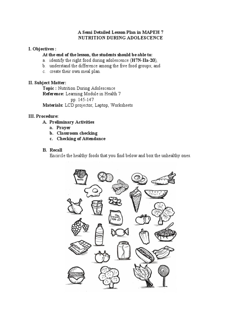 Semi Detailed Lesson Plan in MAPEH 7 | PDF | Foods | Nutrients