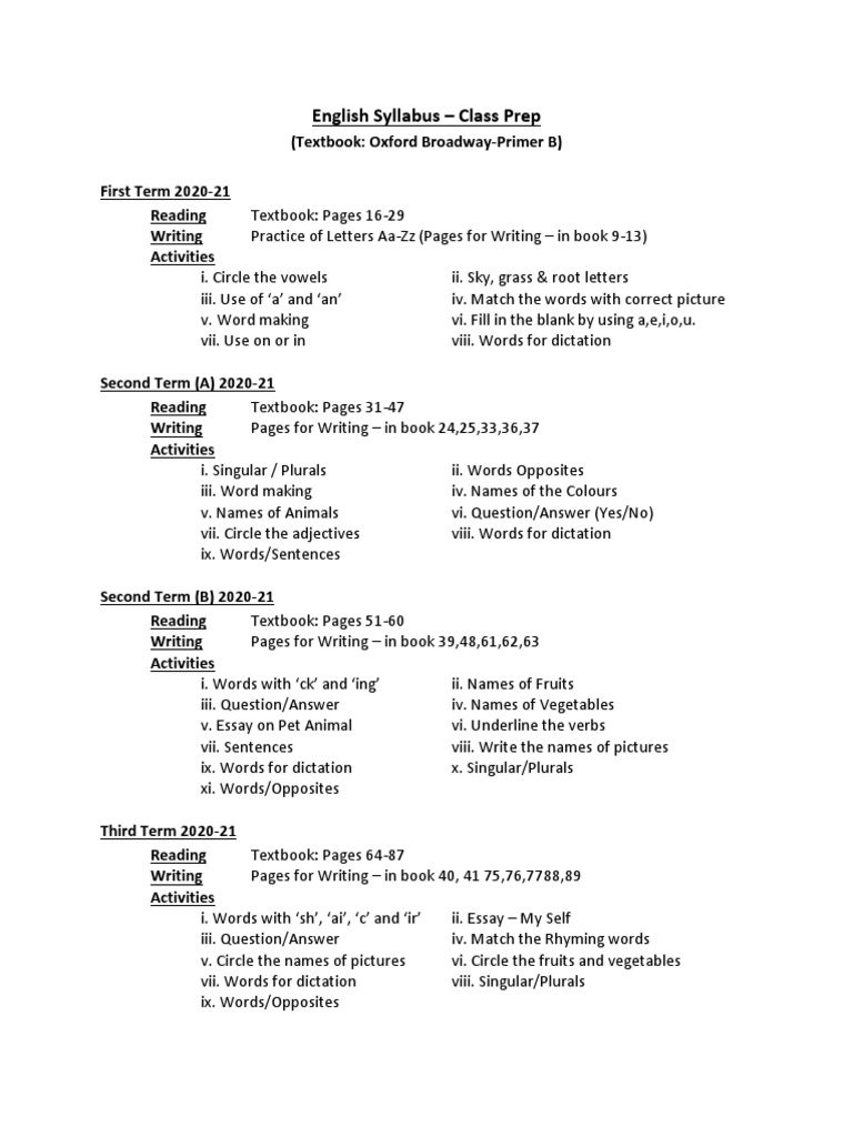 English Syllabus - Class Prep: (Textbook: Oxford Broadway-Primer B ...