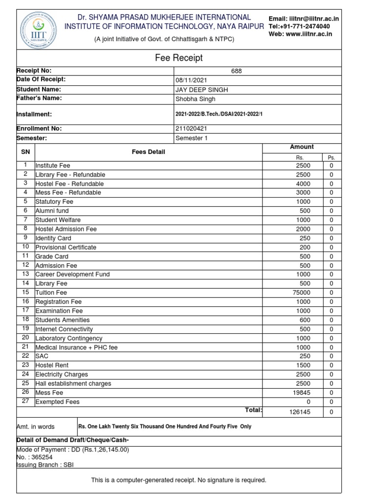 Academic Fee Receipt | PDF | Fee | Payments