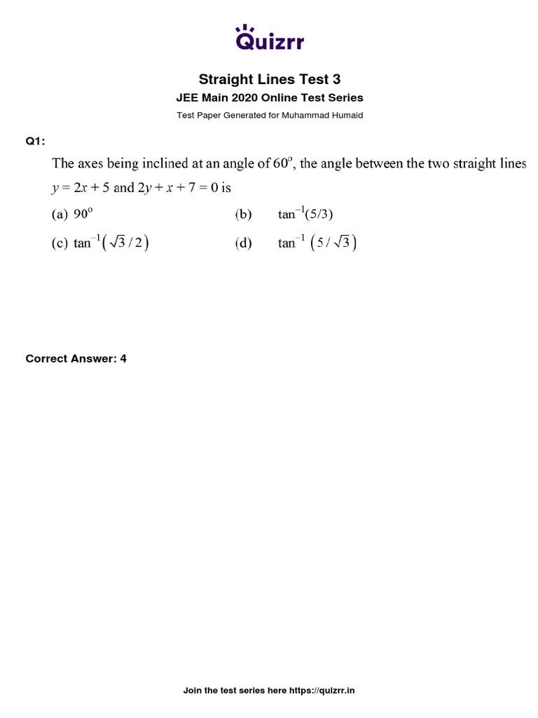 Straight Lines Test 3 - JEE Main Online Test Series by Quizrr | PDF ...