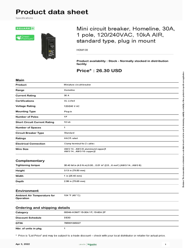 Square D™ Homeline™ Miniature Circuit Breakers - HOM130 | PDF ...