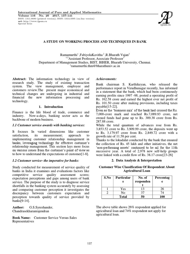A Study On Working Process and Techniques in Bank | PDF | Banks ...