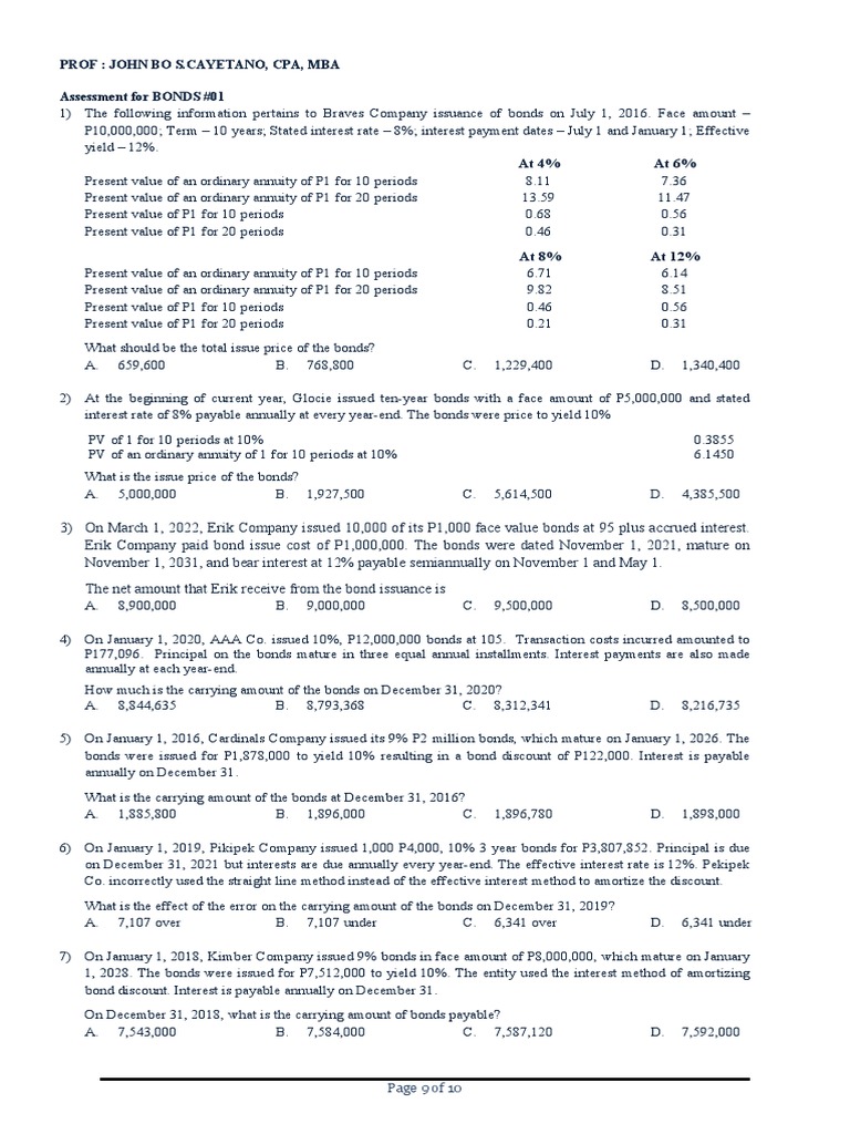 Prof: John Bo S.Cayetano, Cpa, Mba Assessment For BONDS #01 | PDF ...