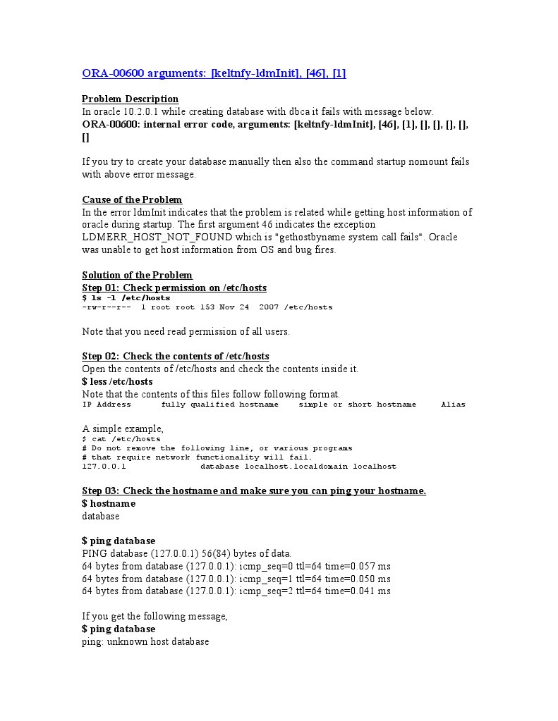 ORA 00600 Internal Error Code Arguments | PDF | Oracle Database ...