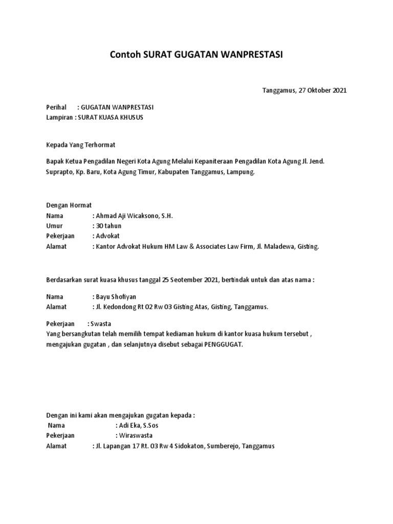 Contoh Surat Gugatan Wanprestasi 2021 | PDF