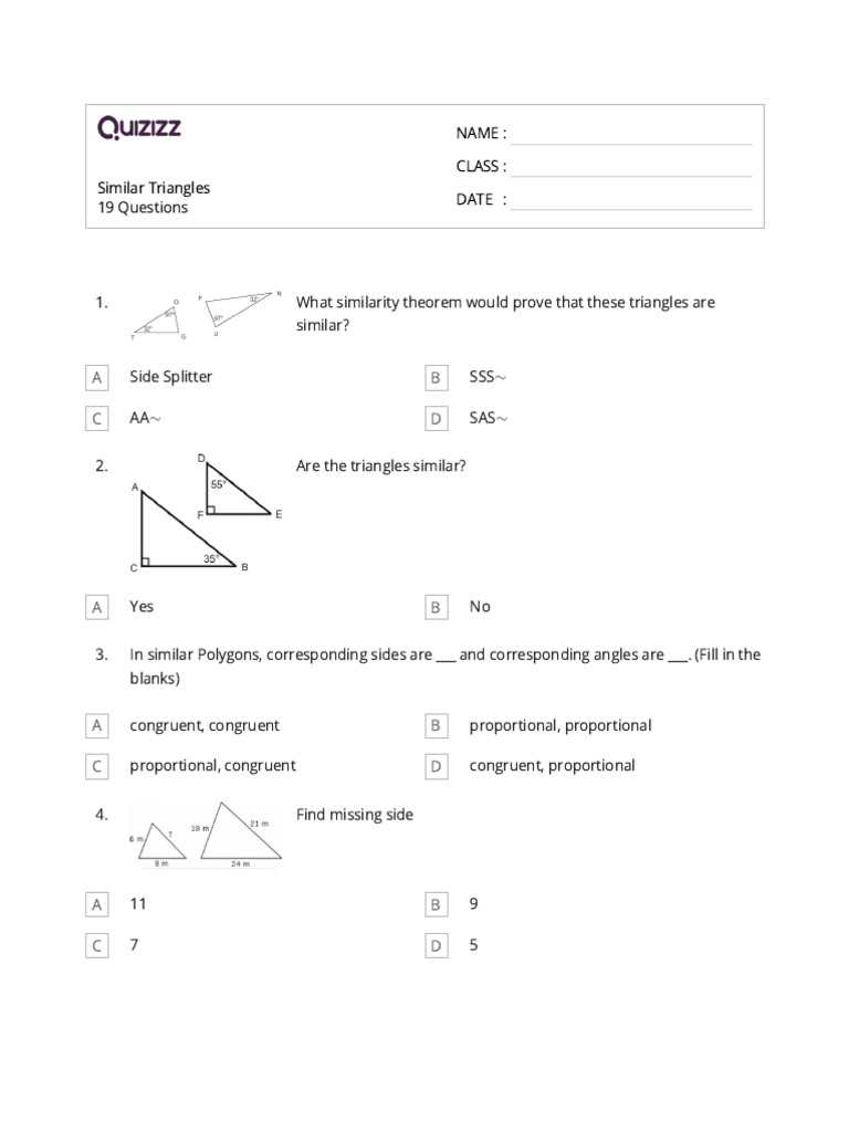 Similar Triangles Worksheet Answers | PDF | Triangle | Mathematics
