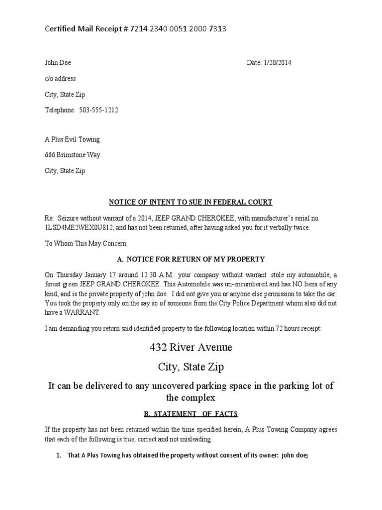 Letter To Towing Company SAN 1 | PDF | Extortion | Search And Seizure