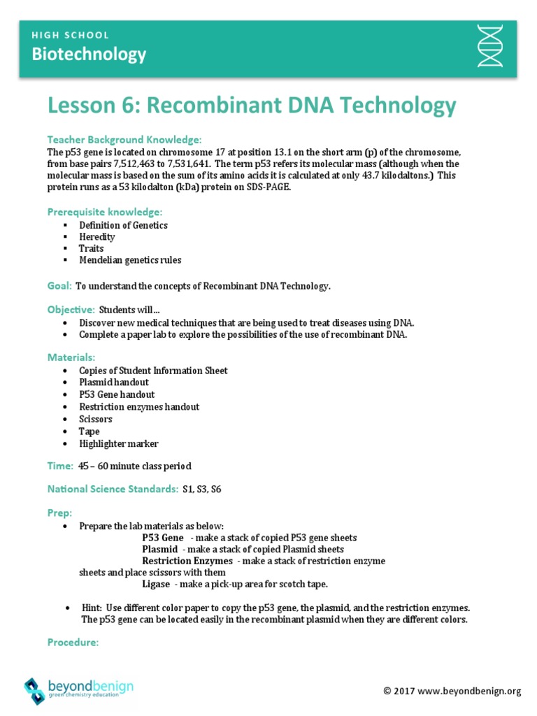 Lesson 6: Recombinant DNA Technology: Biotechnology | PDF | Plasmid ...