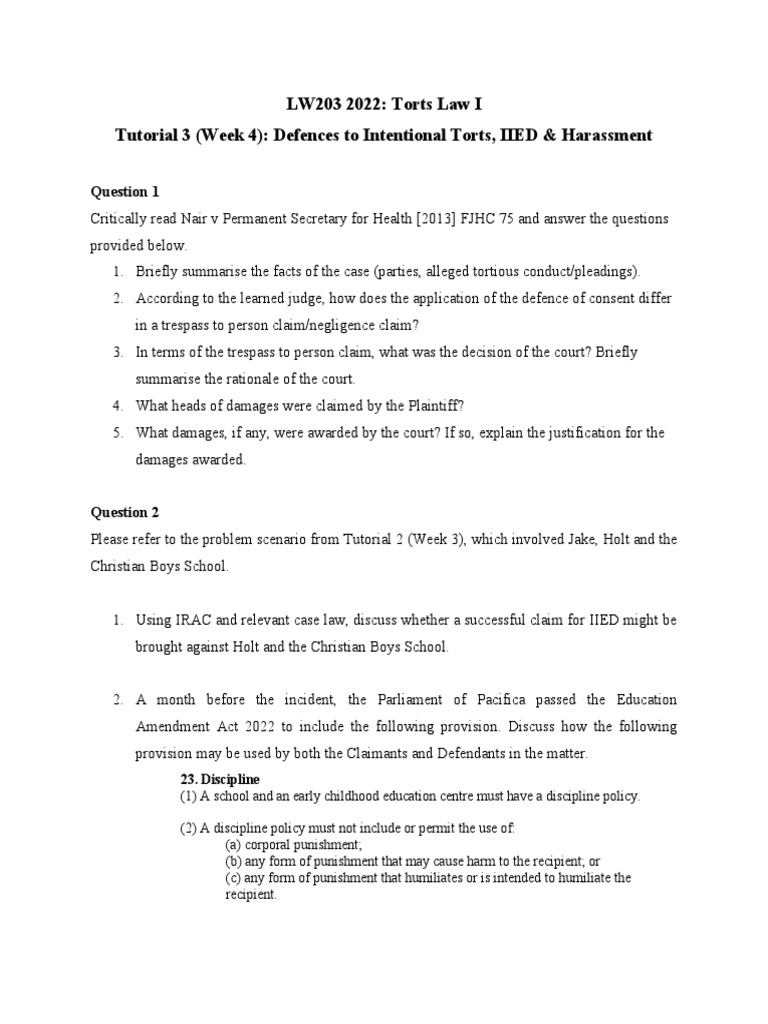 LW203 Tutorial 3 (Week 4) - Defences To Intentional Torts, IIED Harassment | PDF | Tort | Damages