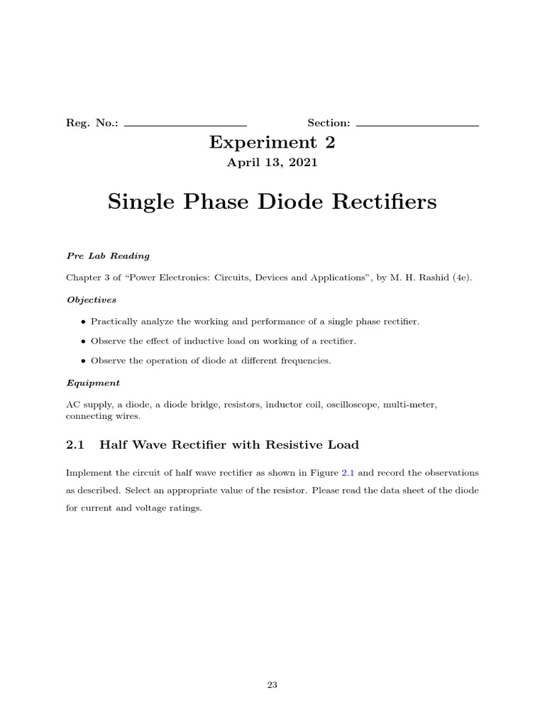Single Phase Diode Rectifiers: Experiment 2 | PDF | Rectifier | Inductance