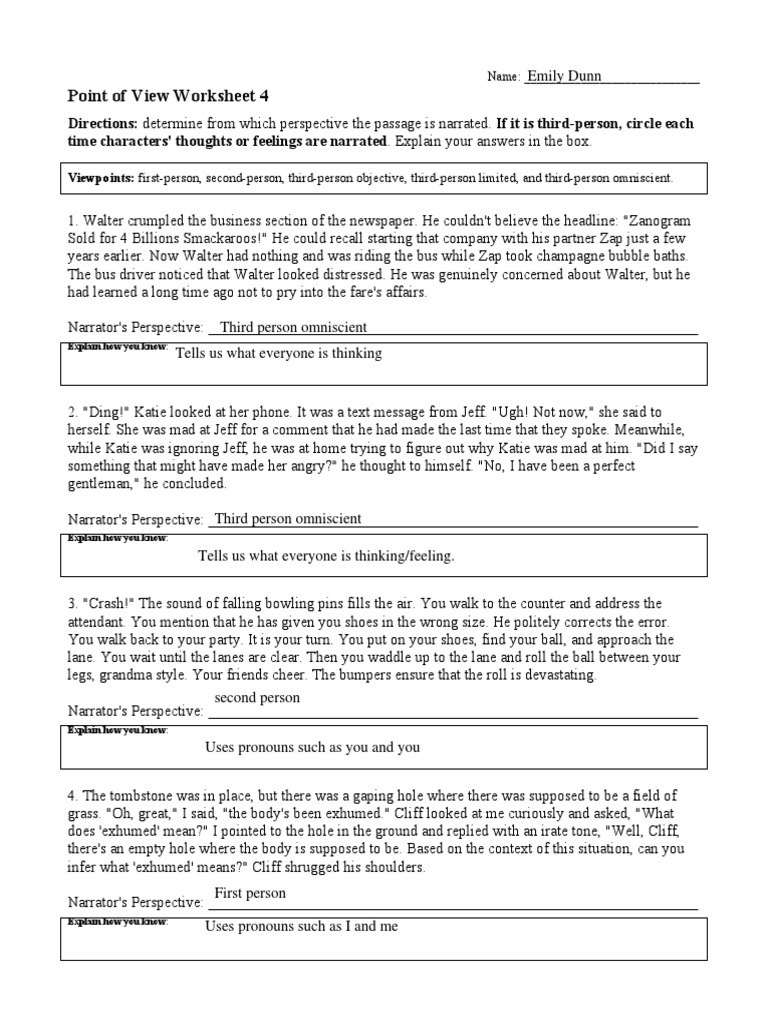 Point of View Worksheet | PDF | Narration