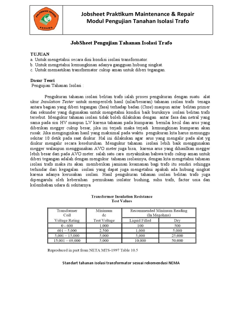 1 JobSheet Pengujian Tahanan Isolasi Trafo | PDF 1 JobSheet Pengujian Tahanan Isolasi Trafo | PDF