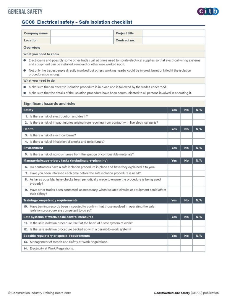 Electrical Safety - Safe Isolation Checklist | PDF | Occupational ...