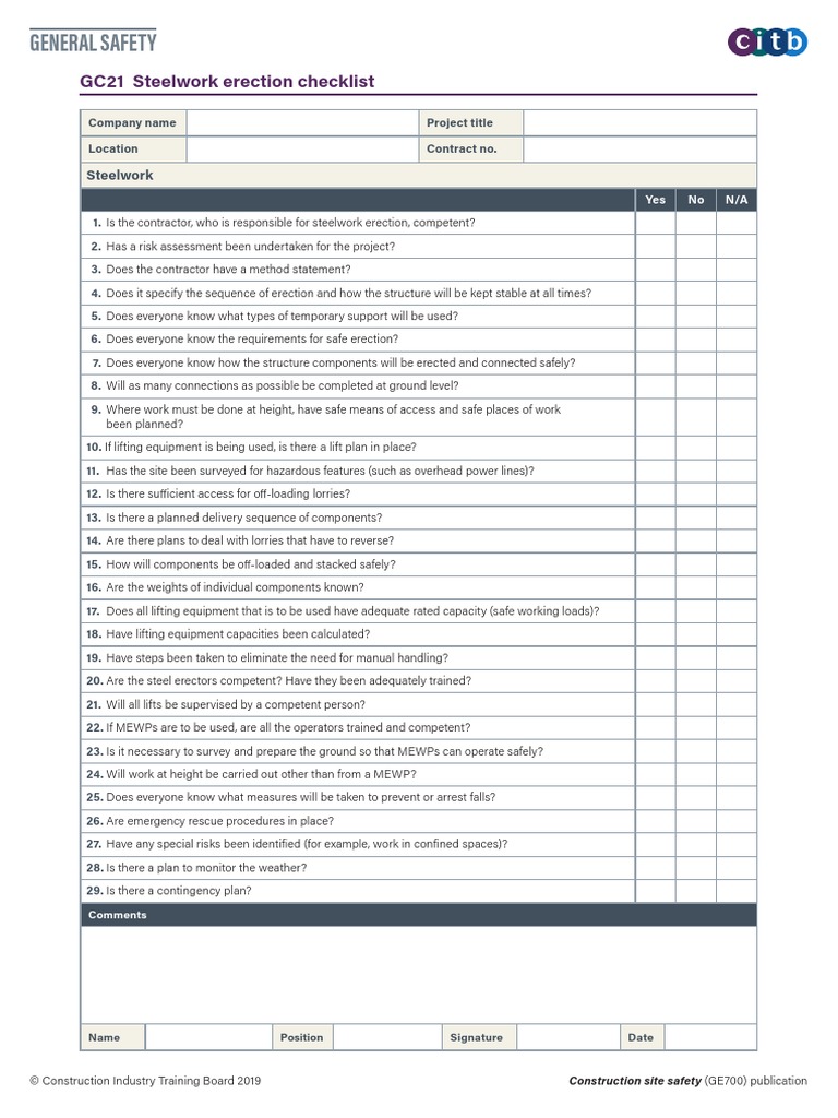 Steelwork Erection Checklist | Download Free PDF | Occupational Safety ...