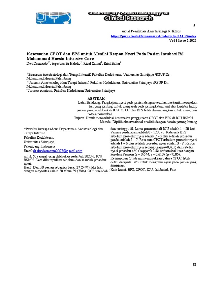 Salinan Terjemahan 4. Suitability of CPOT and BPS To Assess Pain ...