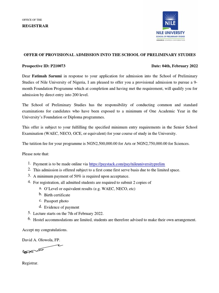 Admission Letter | PDF