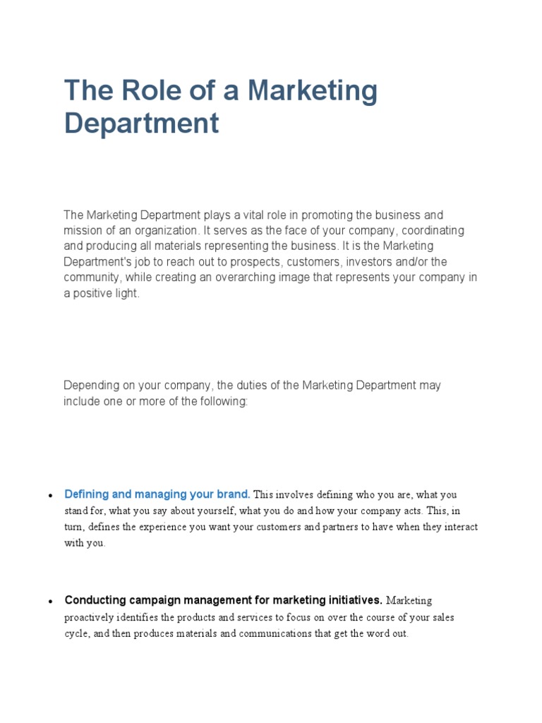 The Role of A Marketing Department: Defining and Managing Your Brand ...