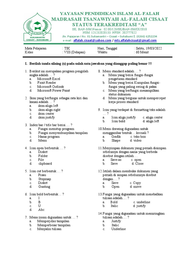 SOAL PTS (Genap) TIK Kelas VIII | PDF