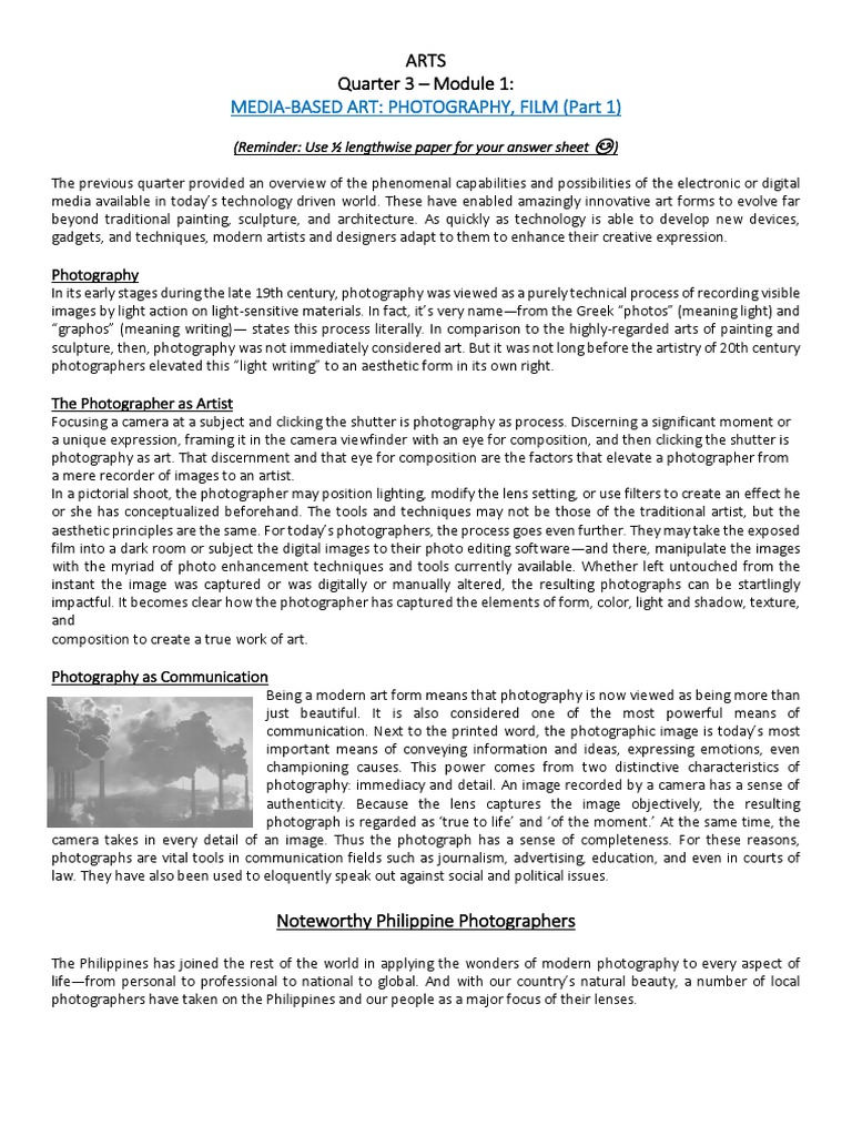 ARTS 10 Quarter 3 Module 1 Part 1 | PDF | Camera | Photograph