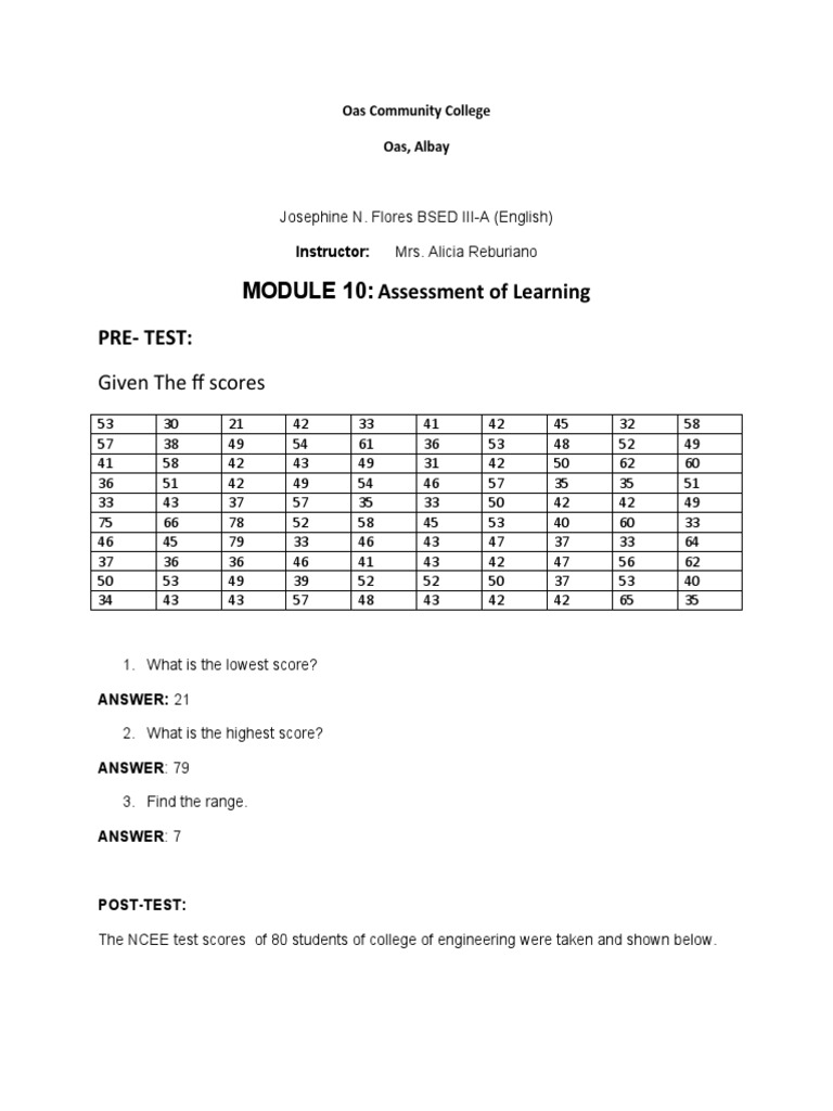Assessment of Learning Pre-Test:: Given The FF Scores | PDF | Cognition