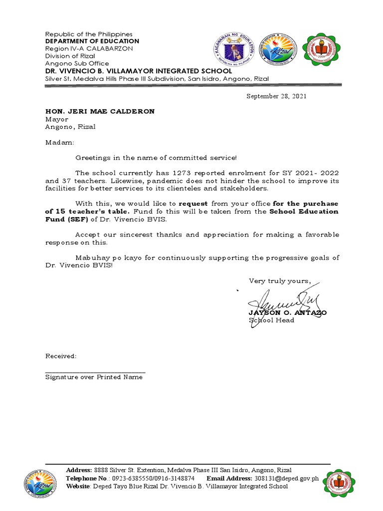 Request Letter To Mayor Teacher's Table | PDF